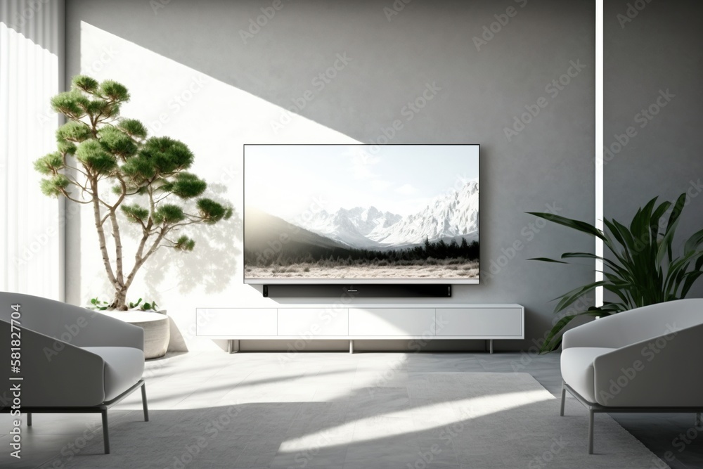 Television put on wood table tv stand on foreground in minimal interior ...