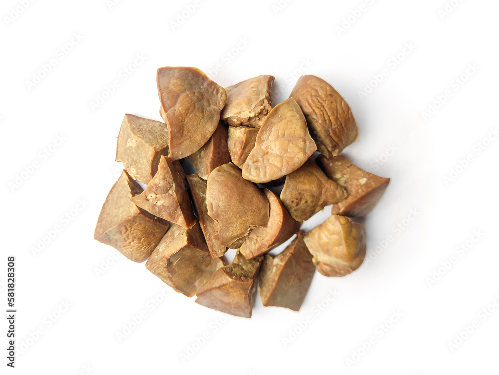 Boiled pieces of goat liver or mutton liver isolated on white ...