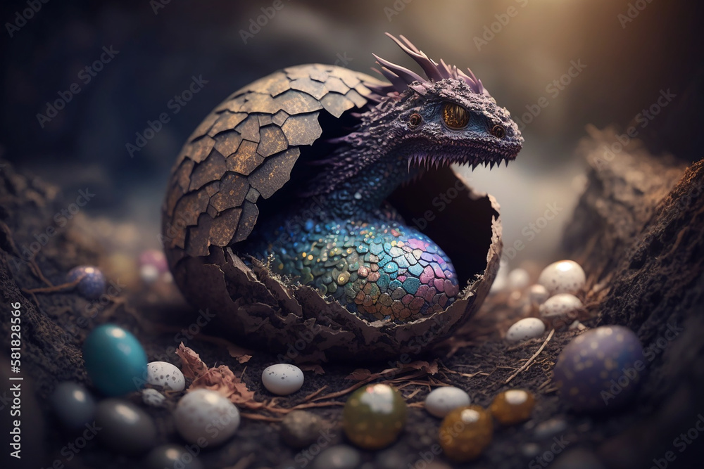 Dragon hatching from a dragon egg in a magical kingdom Created with ...