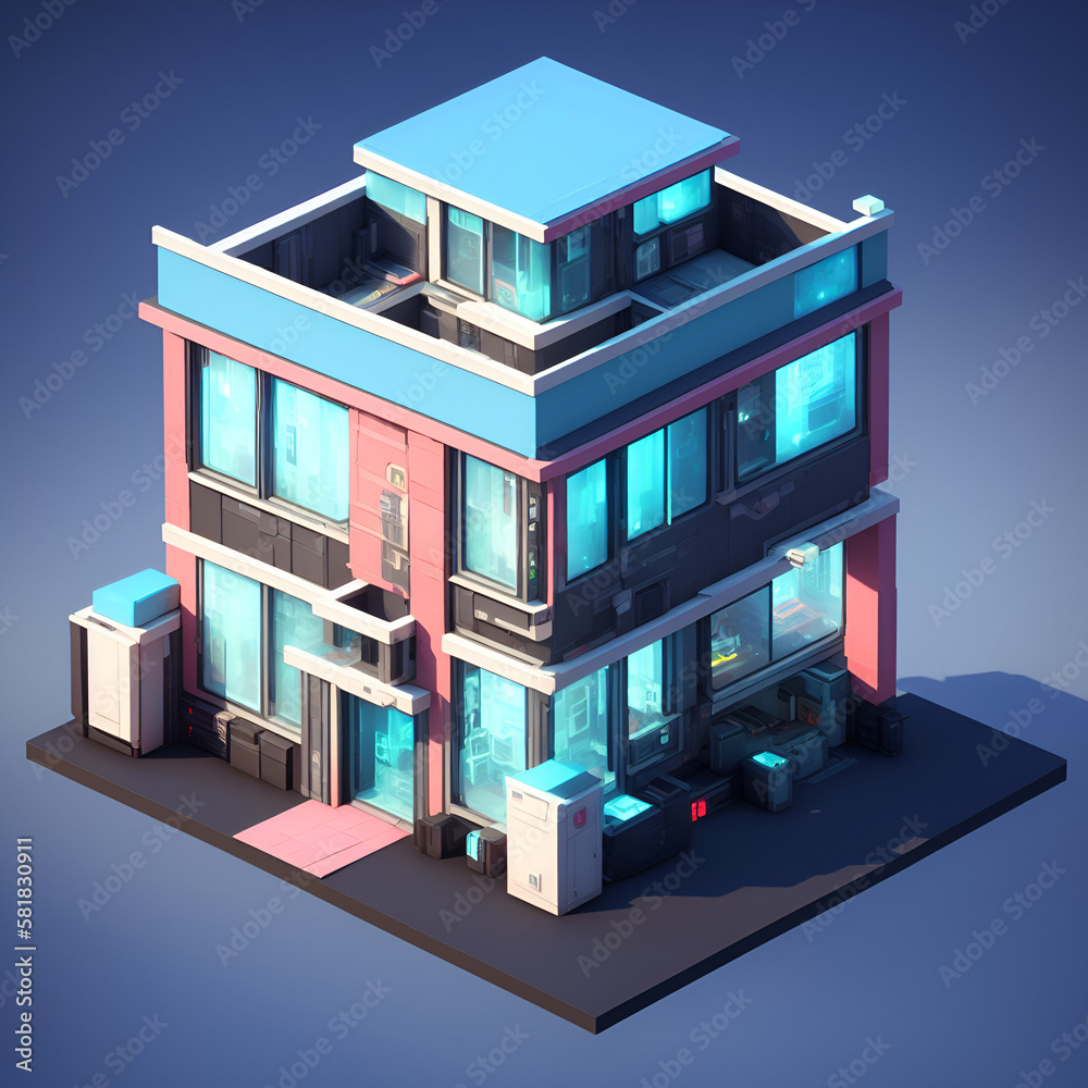 Illustration of cyberpunk graphic isometric view of a two-story house ...