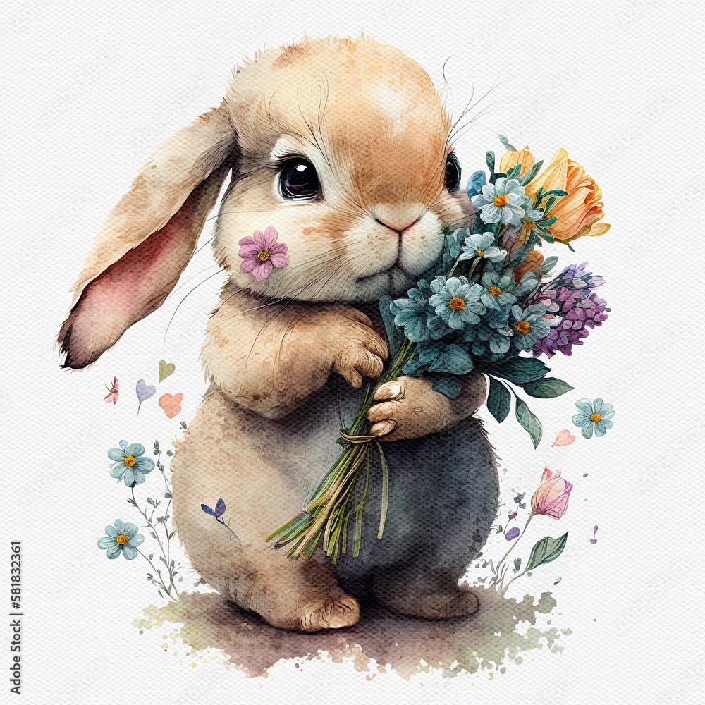 Watercolor cute bunny hold flower. Delicate spring illustration ...