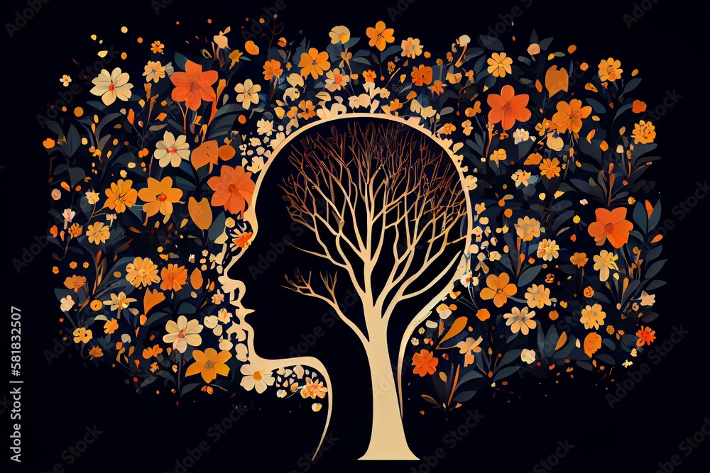 Human Face Tree With Flowers, Self Care And Mental Health Concept ...