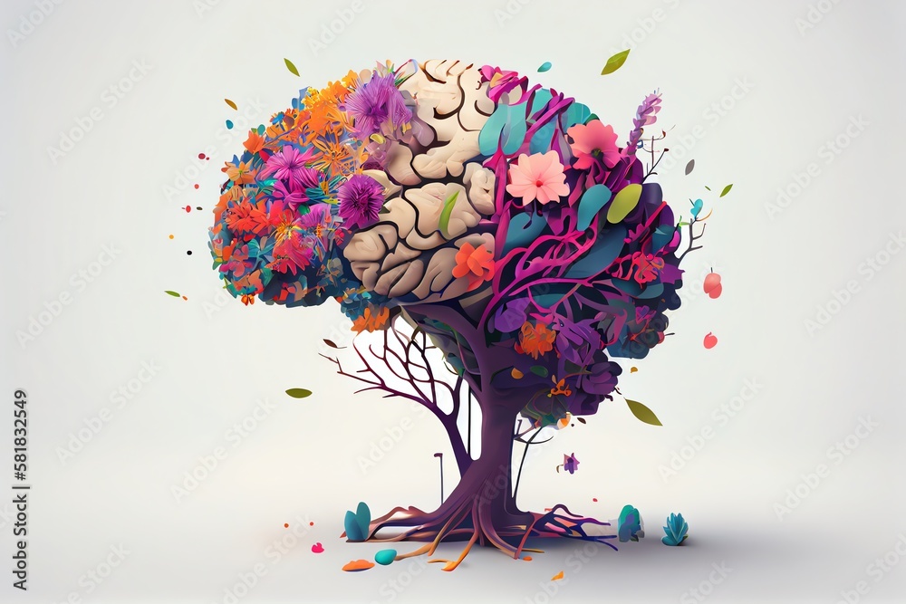 Human Brain Tree With Flowers, Self Care And Mental Health Concept ...