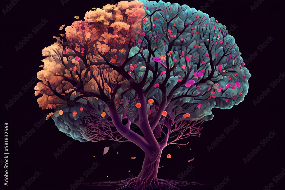 Human Brain Tree With Flowers, Self Care And Mental Health Concept ...