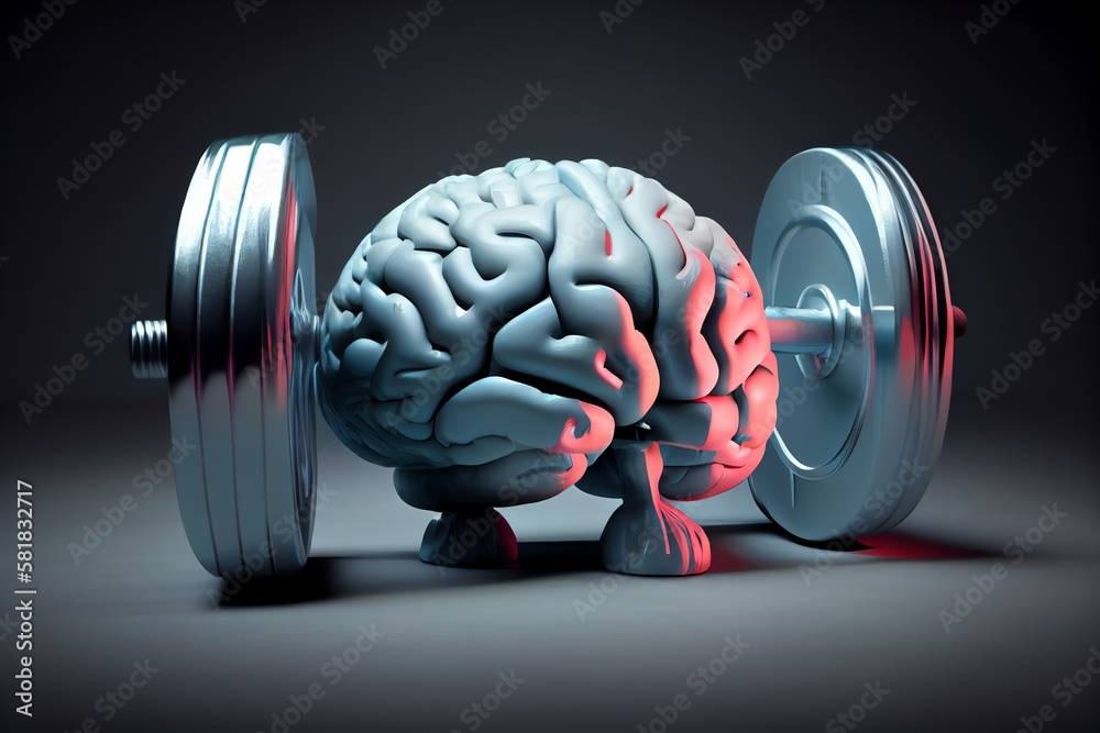 Human Brain Made Of Steel Lifting A Heavy Dumbbell. Mind Training ...