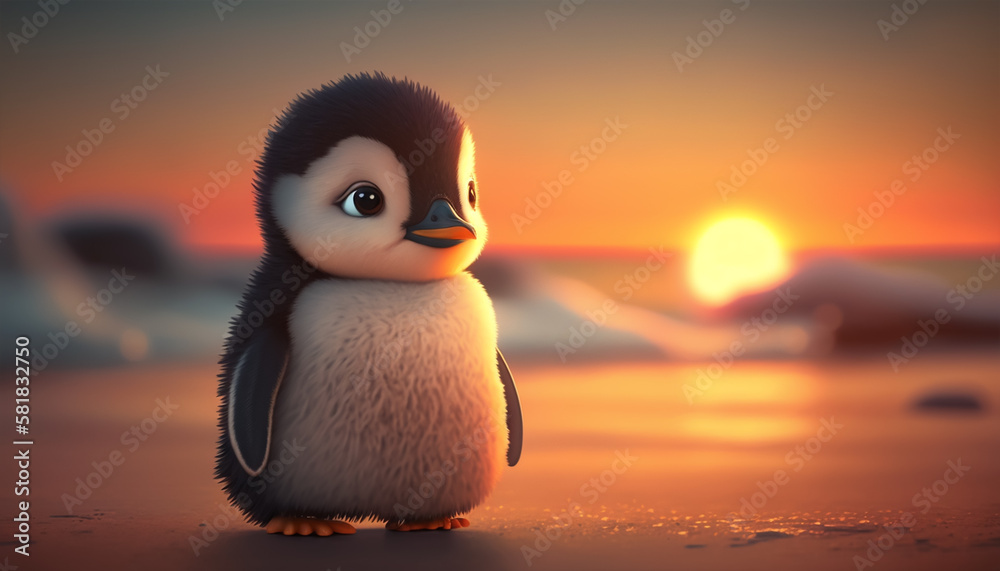 Cute baby penguin, background blurred sunset Stock Illustration | Adobe ...