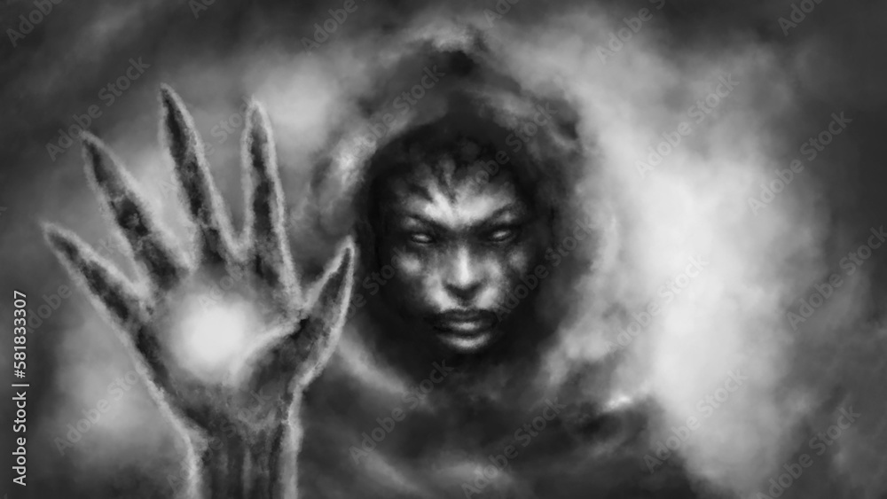 Evil witch exile 2D illustration. Dark goddess of chaos. Horror fantasy ...