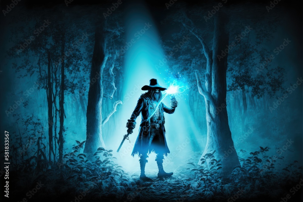 With a torch emanating a brilliant blue light, a pirate navigates ...