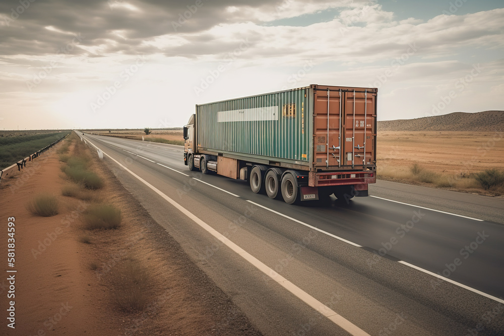 Truck transporting a shipping container on the road Stock Illustration ...