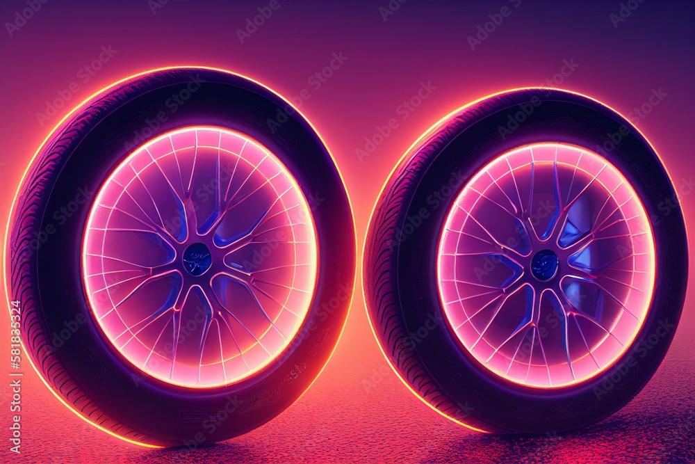 Beautiful tire with aluminum alloy wheel on neon background. The wheel ...