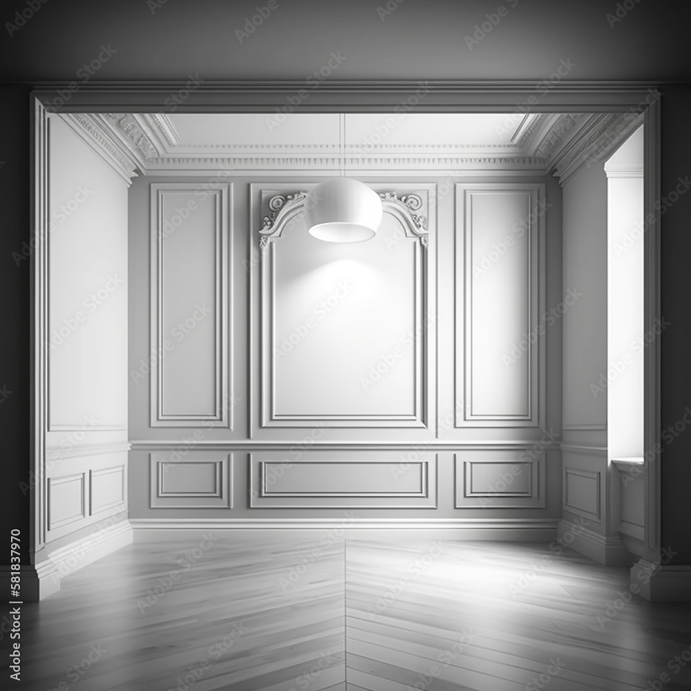 Blank empty white wall high ceiling with classic gypsum wall moulding ...