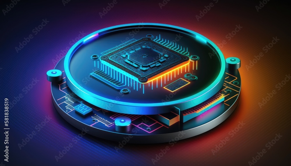 Futuristic modern new computer processor chip colorful neon glowing ...