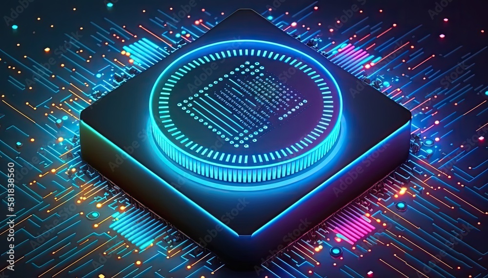 Futuristic modern new computer processor chip colorful neon glowing ...