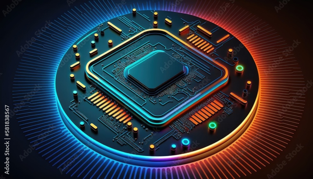 Futuristic modern new computer processor chip colorful neon glowing ...