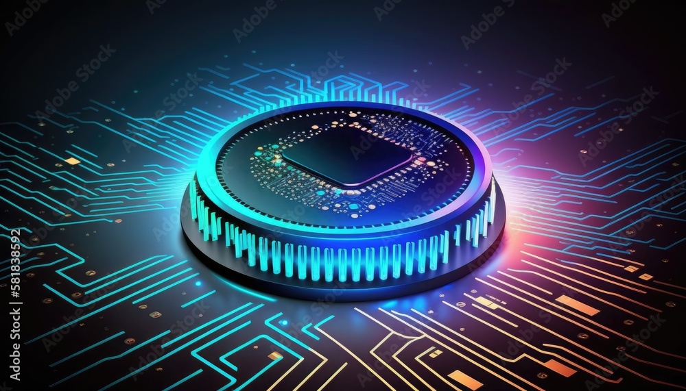 Futuristic modern new computer processor chip colorful neon glowing ...