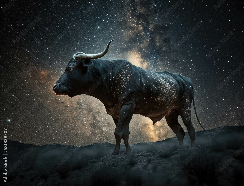 A courageous bull looking up to the night sky with determination and ...