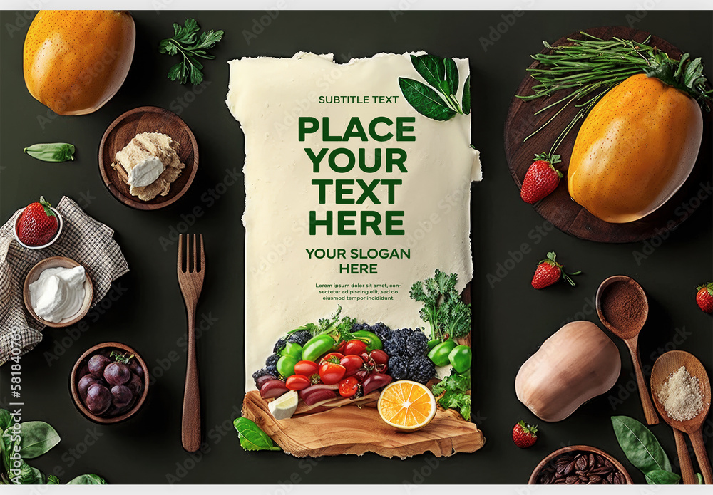 Top View of Poster of a Variety of Fruits and Vegetables Mockup Next to ...