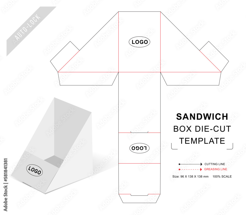 Triangle Sandwich box die cut template with 3D blank vector mockup for ...