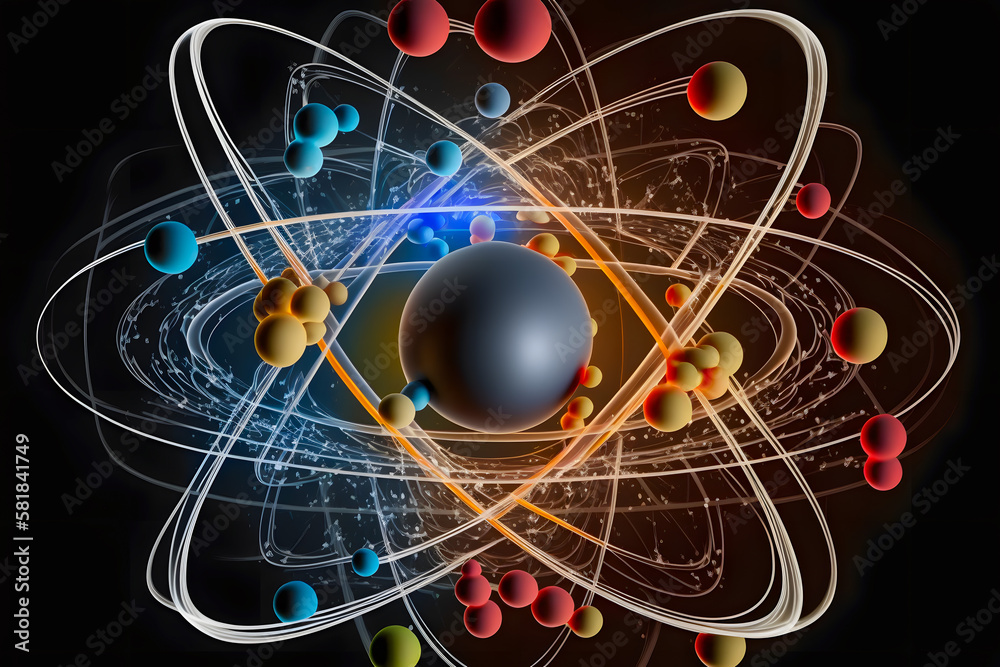 Enlarged model of an atom with a nucleus of protons, neutrons and ...