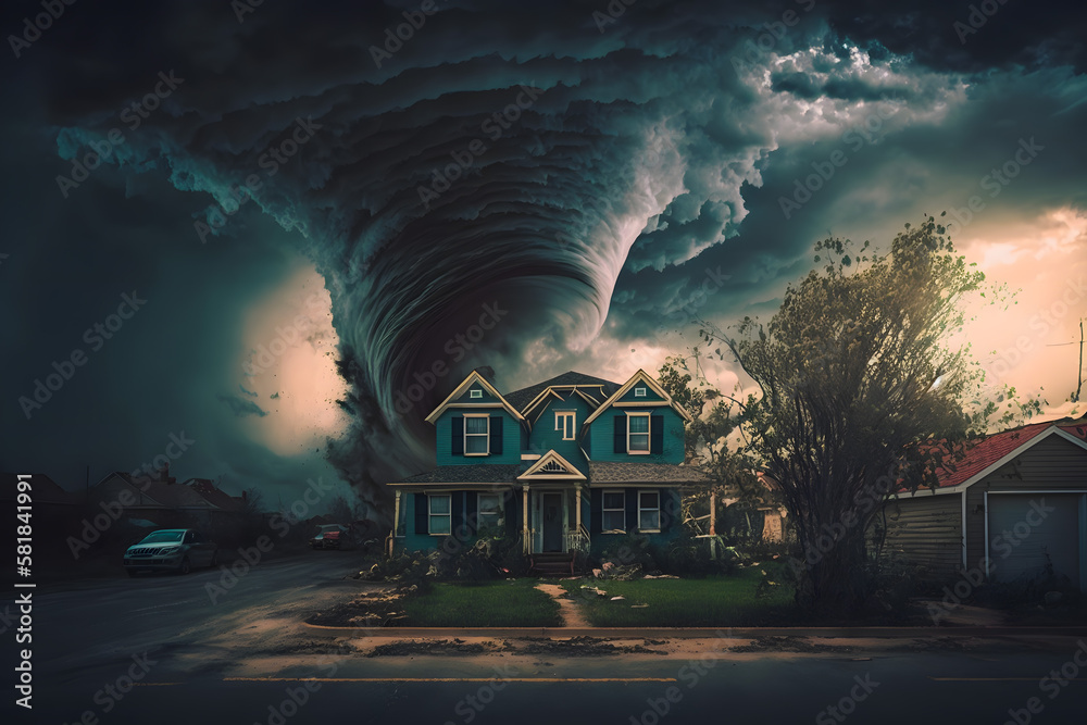 Residential building in a rural area, in bad stormy weather during a ...
