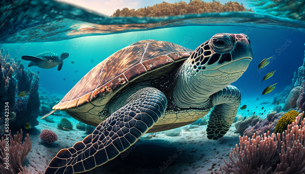 Illustration of a turtle swimming in shallow sea water. Through the ...