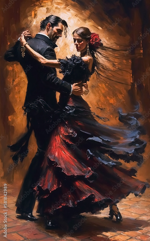 Flamenco couple dancing together, oil painting style. Generative AI Stock Illustration | Adobe Stock