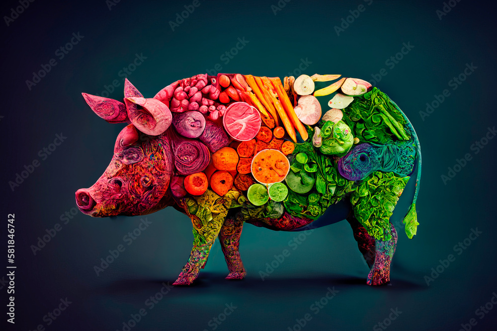 Pig figure made with fruits and vegetables on black background ...