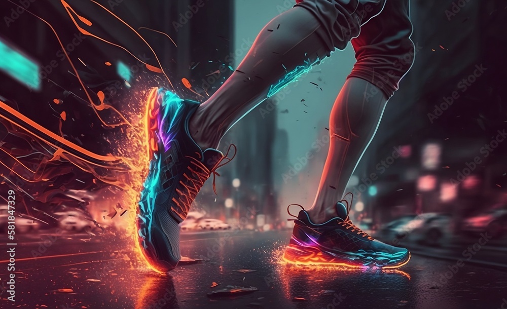 Leggs of a runner in the night city with neon effects. Sport action and ...