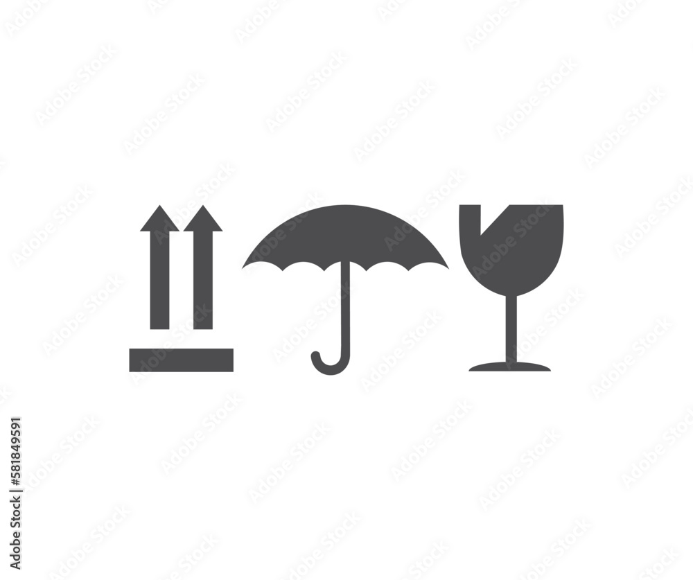 Fragile package icons set. Delivery shipping labels, fragile box, cargo ...