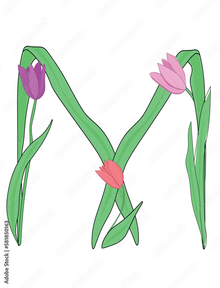 Letter M of English alphabet from tulip flowers, floral font for spring ...