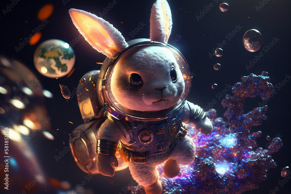 Space suit cyberpunk tech bunny rabbit flying through space with a ...