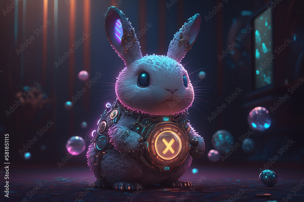 Determined cyberpunk cartoon bunny rabbit with glowing crypto token ...