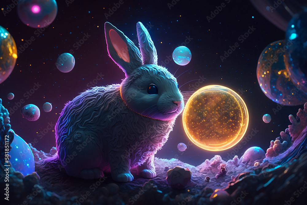 Cute Bunny Rabbit Sitting on the Moon in Outer Space with Planets, Eggs ...