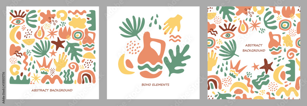 Set of square posters or covers with abstract organic shapes. Boho ...