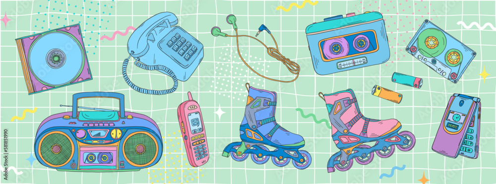 2000s doodles set. Y2k doodle. 90s, 2000s, Y2k vector. Boombox, audio ...