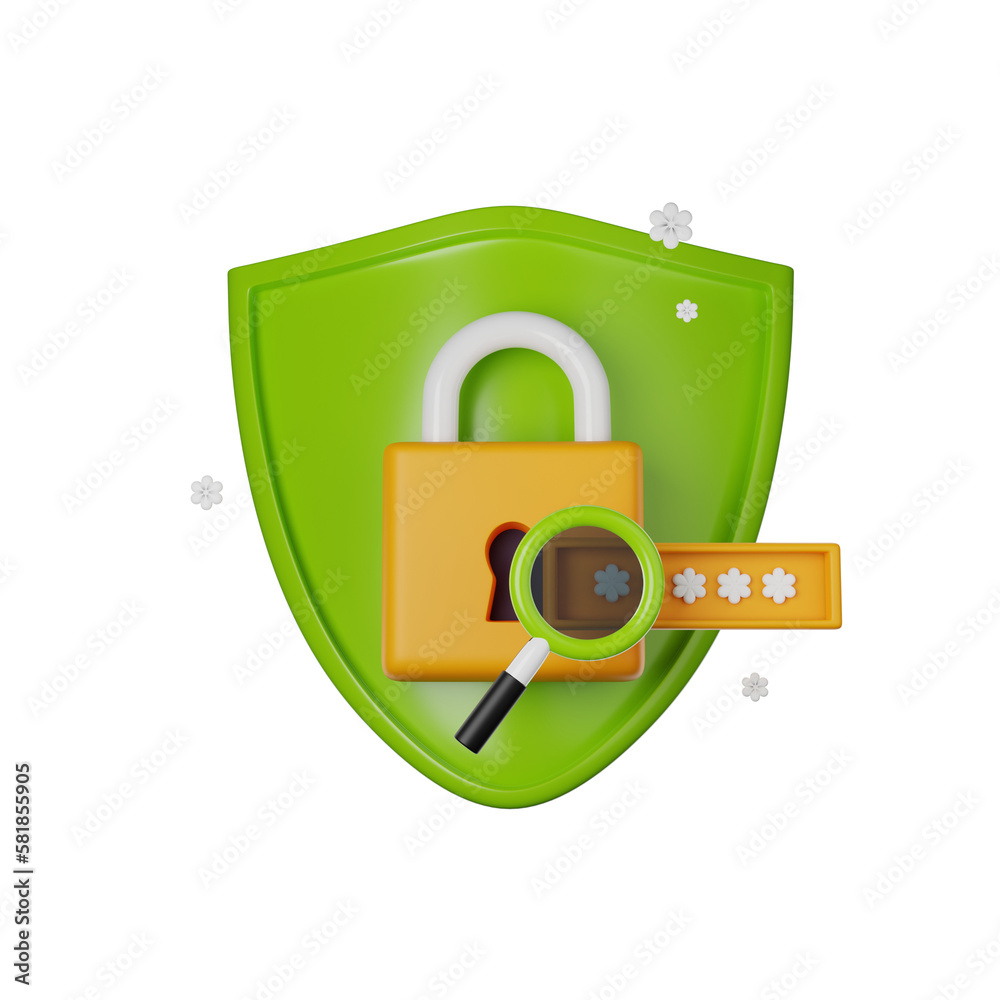3D shield icon, secure lock password render concept, secret personal ...