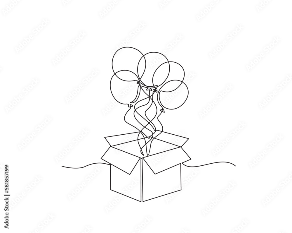 Continuous One line drawing of Birthday Open Gift box and Balloons ...