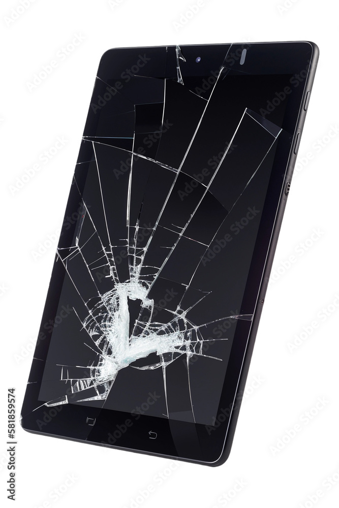 Damaged Tablet with broken glass display screen. Isolated on ...