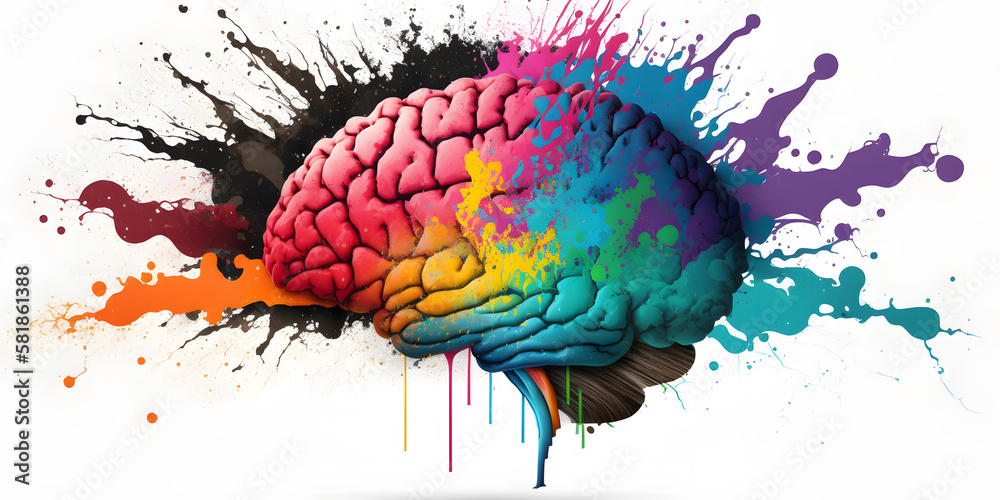 Art brain explodes with paints with colorful splashes on white ...