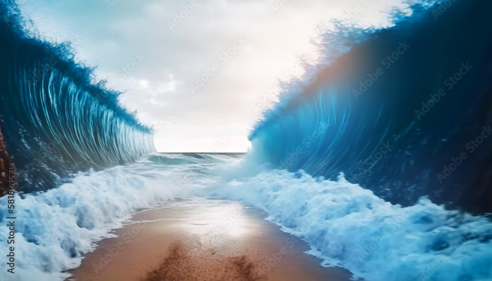 Ocean separate up to form canal. Bible miracle of Moses parting red sea ...