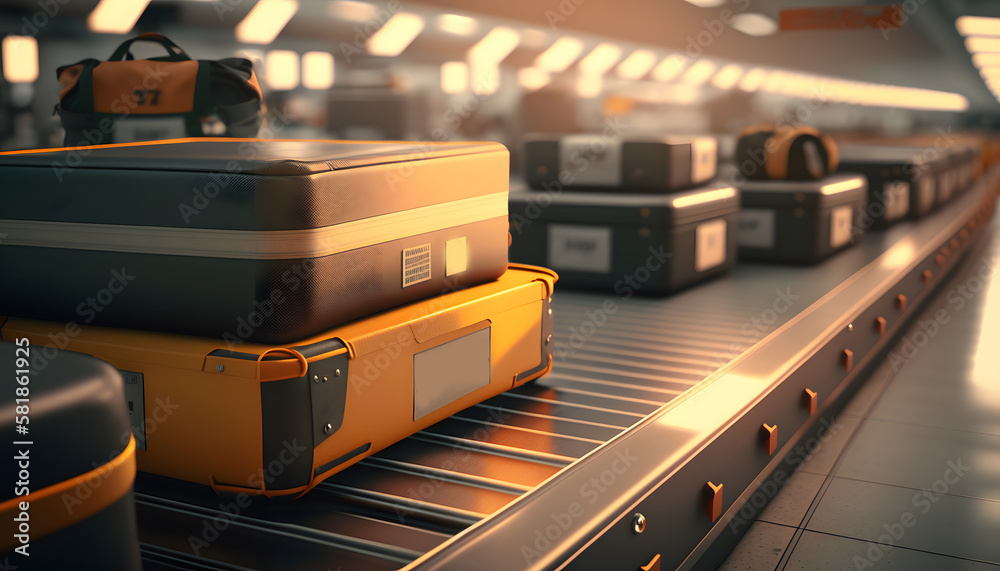 Baggage luggage move on tape claim at airport, sun light banner. Generation AI Stock ...