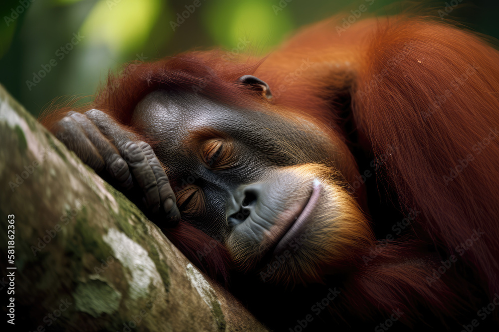 Sumatran orangutan (Pongo abelii) peacefully sleeping on a tree ...