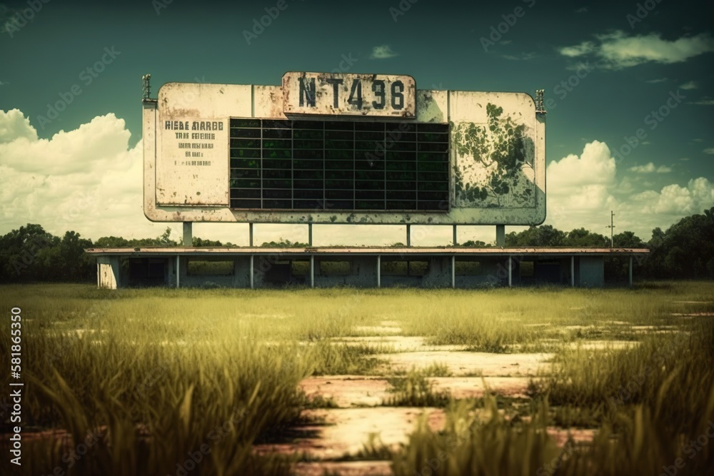 Deserted stadium with an overgrown field faded bleachers and a broken ...