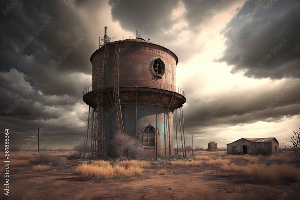 Decaying water tower surrounded by rusty pipes and abandoned buildings ...