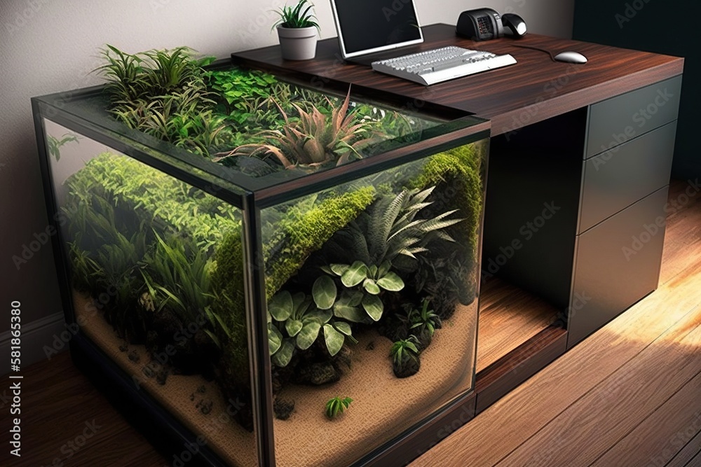 Desk with a built - in planter or terrarium complete with plants and ...