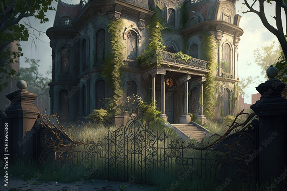 Dilapidated mansion with broken windows and peeling wallpaper with overgrown gardens and iron ...