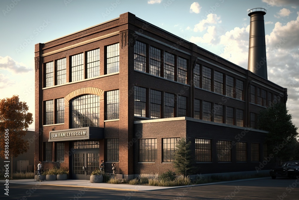 Factory building with an open - concept layout featuring large windows ...