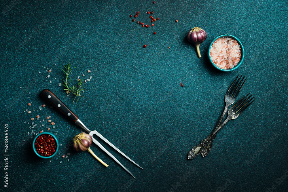 Blue kitchen cooking background. Banner for menu. Top view. Flat lay ...