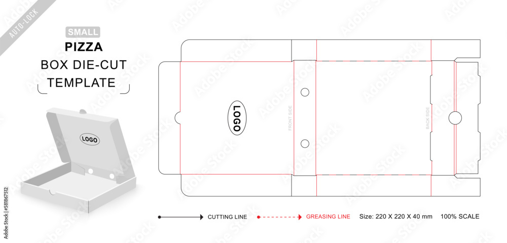 Pizza box die cut template small with 3D blank vector mockup for food ...