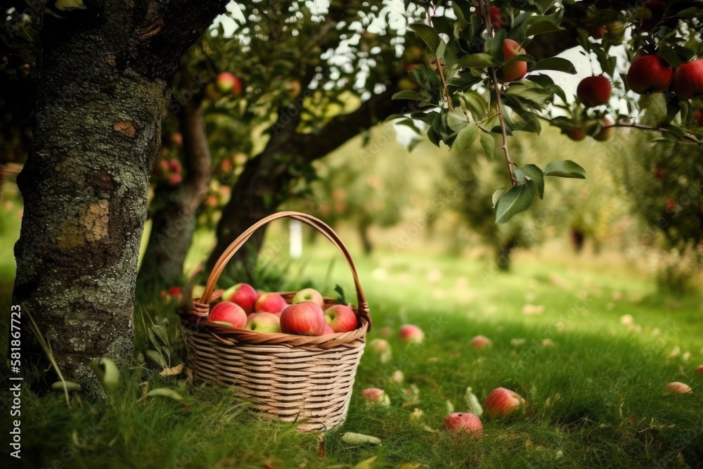 Farm with apple trees and a basket full of apples Generative AI ...